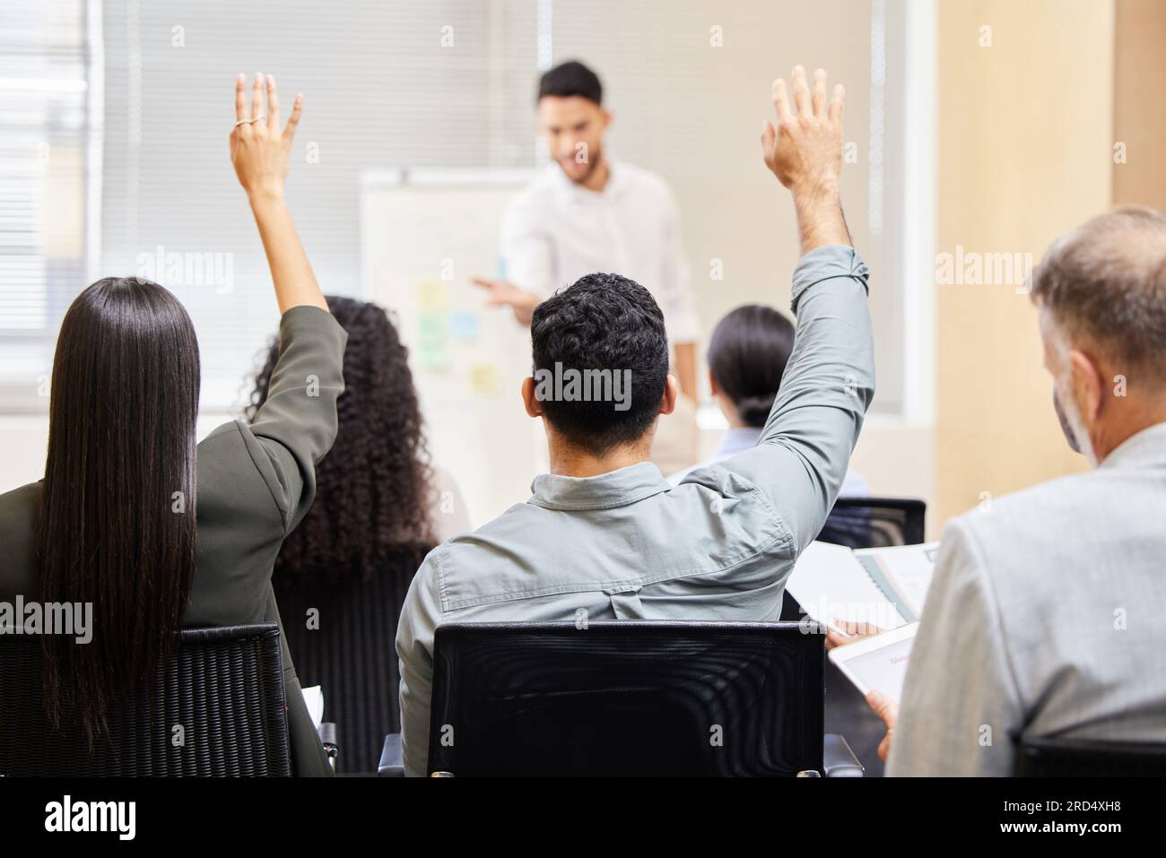 Business presentation, audience and people hands for questions in ...