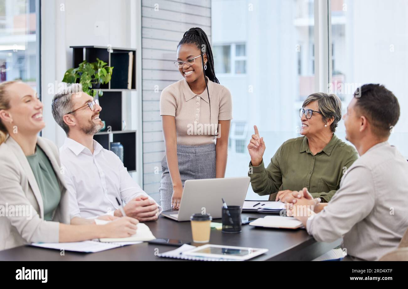 Business meeting, laughing and people with manager, african woman or ...