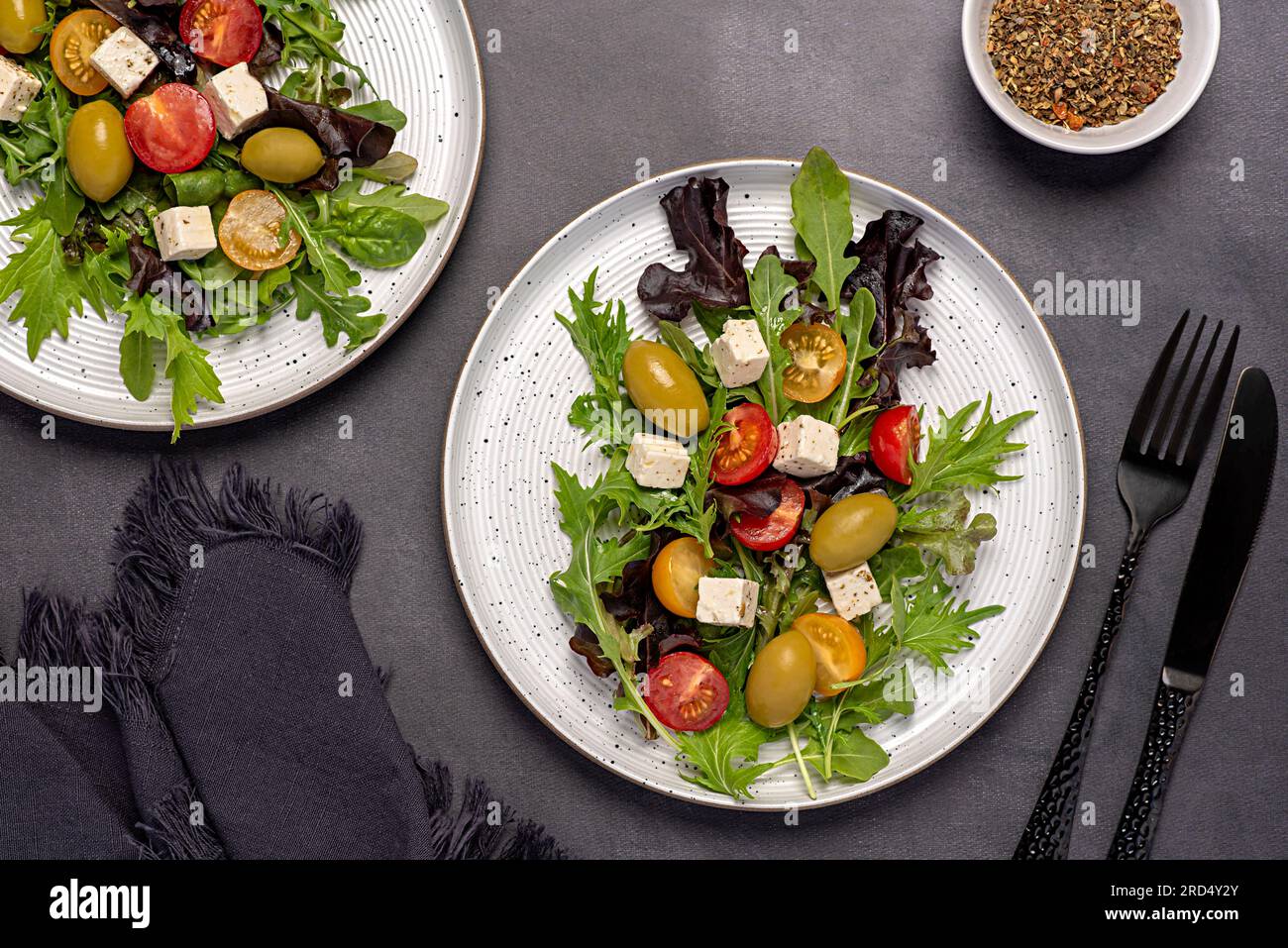 Food photography of feta salad; vegetable; tomato; olive; lettuce ...