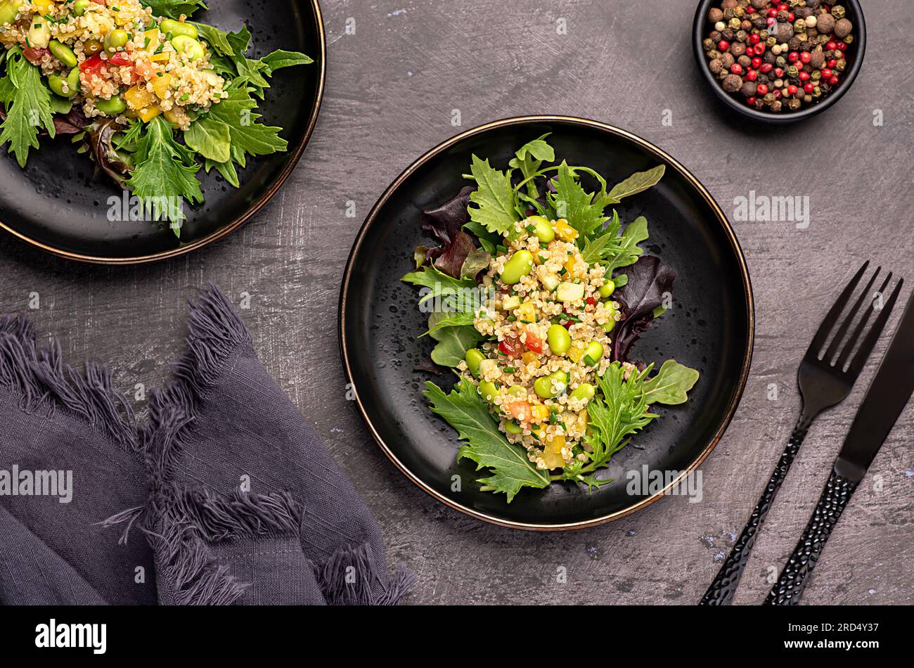 Food photography of salad, quinoa, cucumber, pepper, tomato, seasoning ...