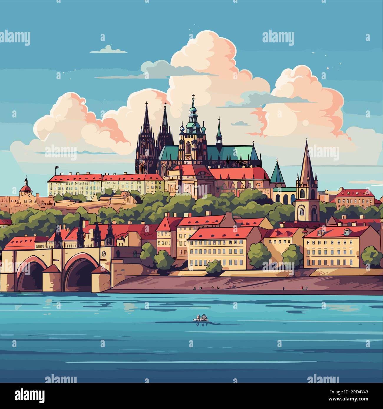 Prague castle. Prague castle hand-drawn comic illustration. Vector ...