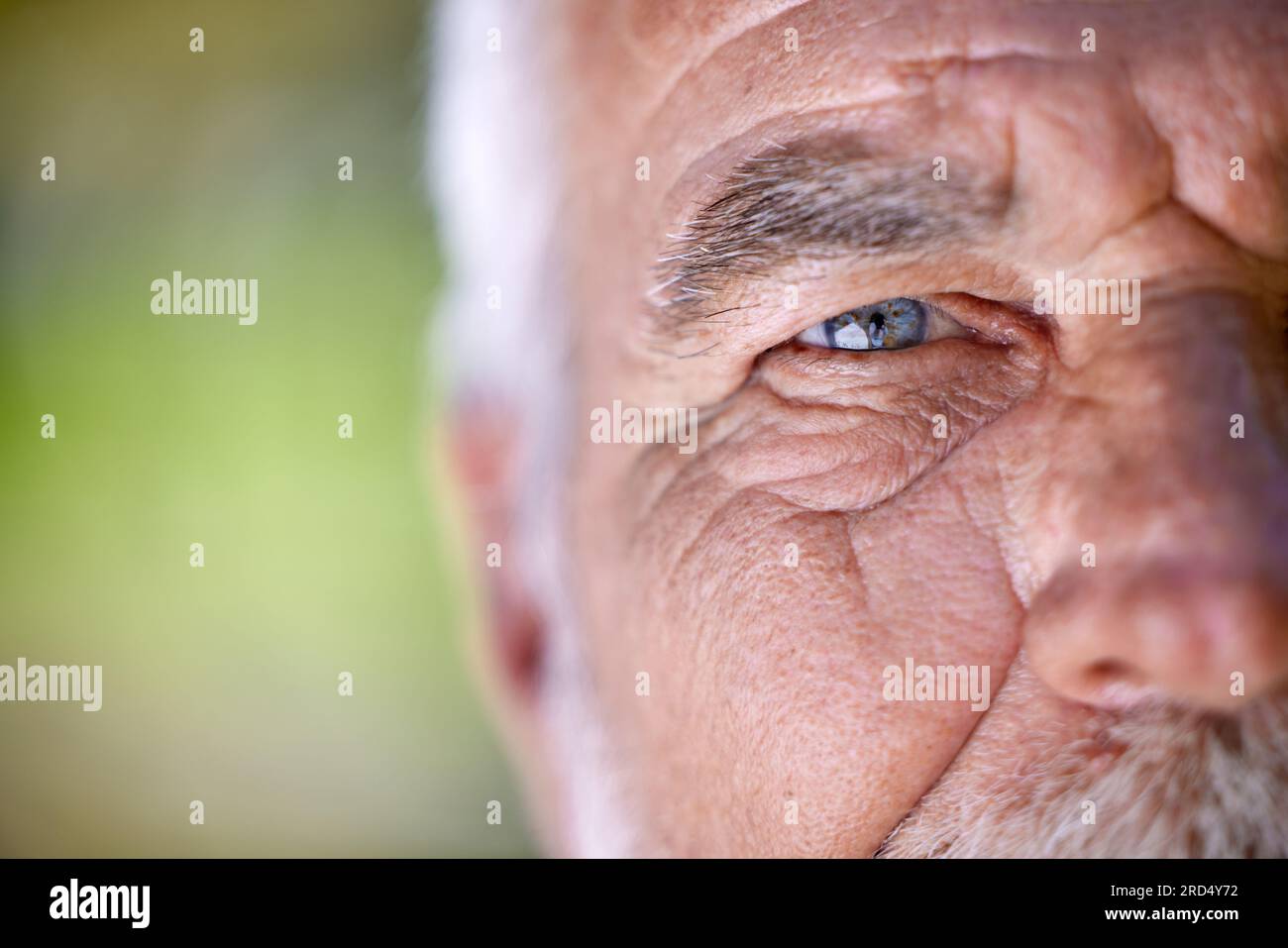 Eyes, vision and old man, face closeup and wisdom with focus, insight ...