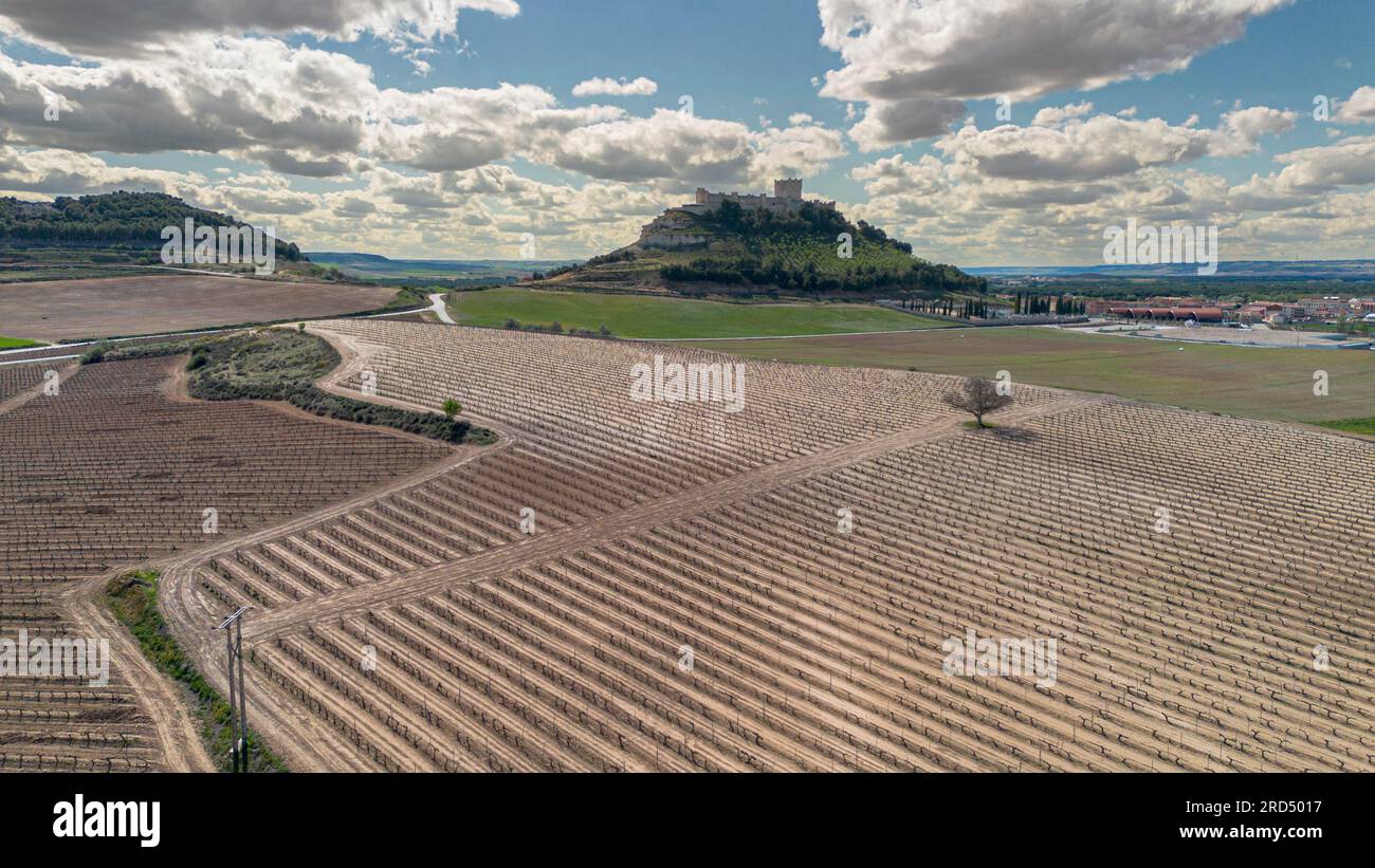 Penafiel, Valladolid, Spain: aerial view of the Penafiel castle in the ...