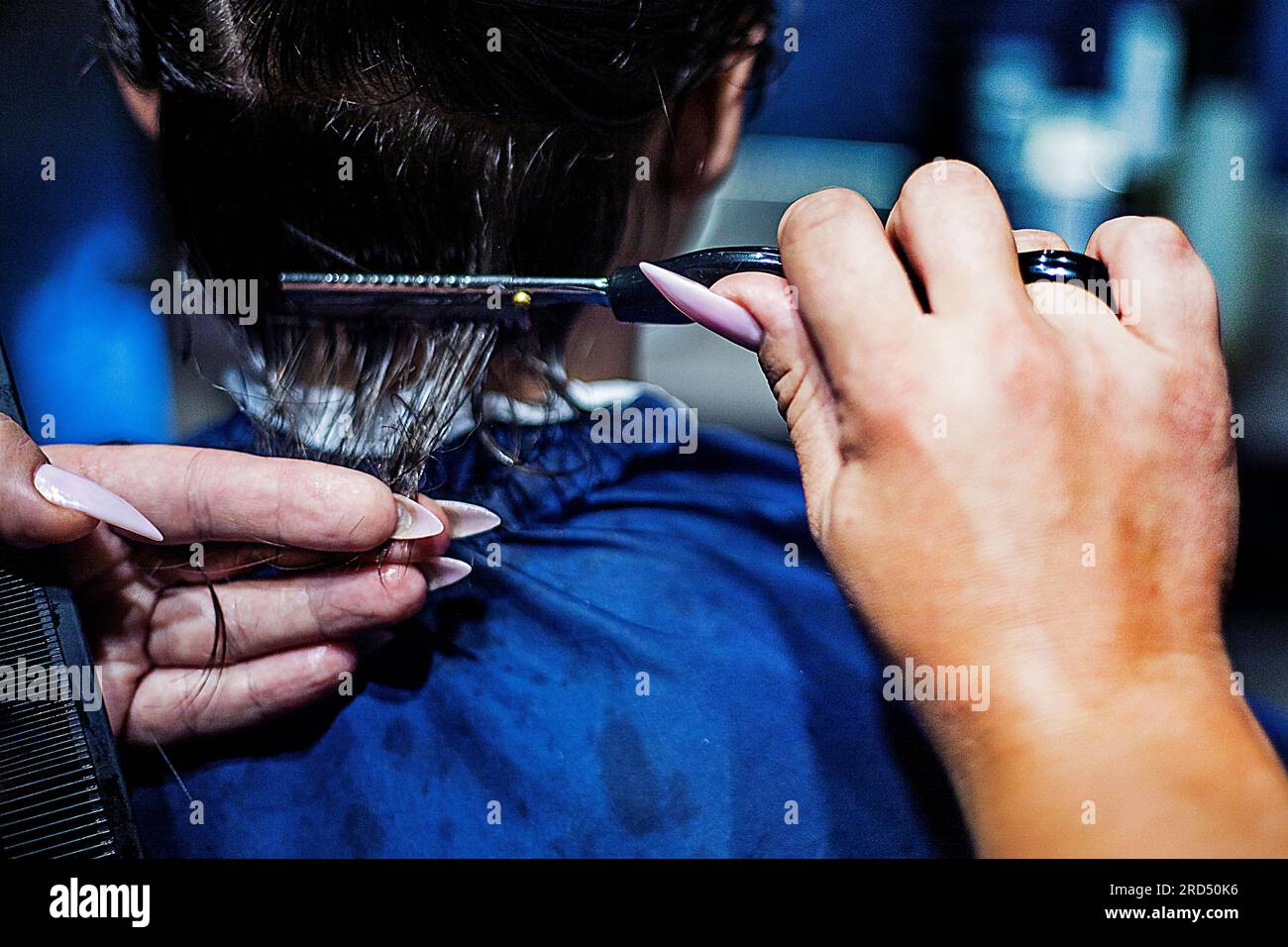 hairdresser cuts the back of the head with scissors under the comb ...