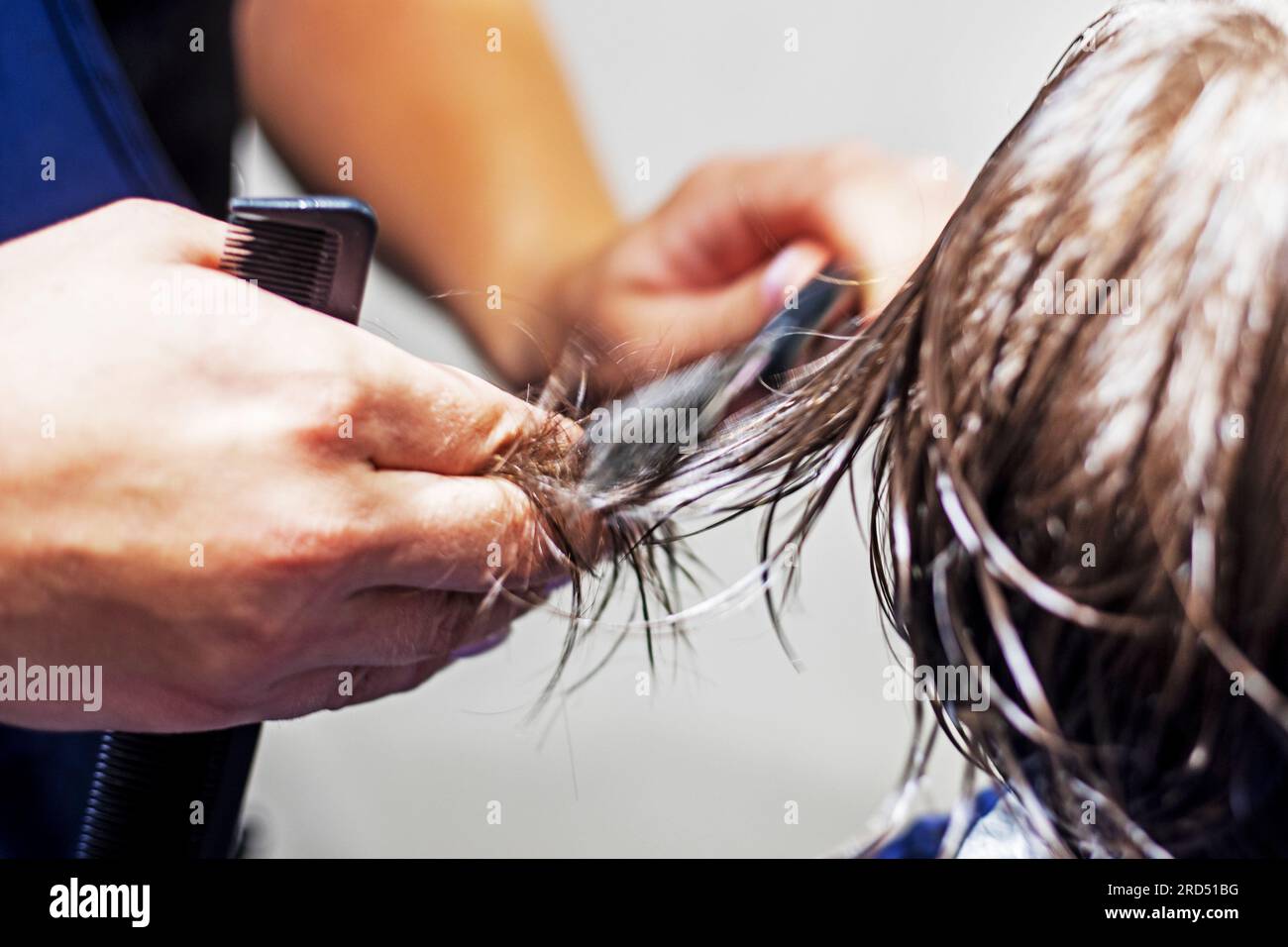 cuts with a scalpel under the comb of a boy with dark blond hair ...