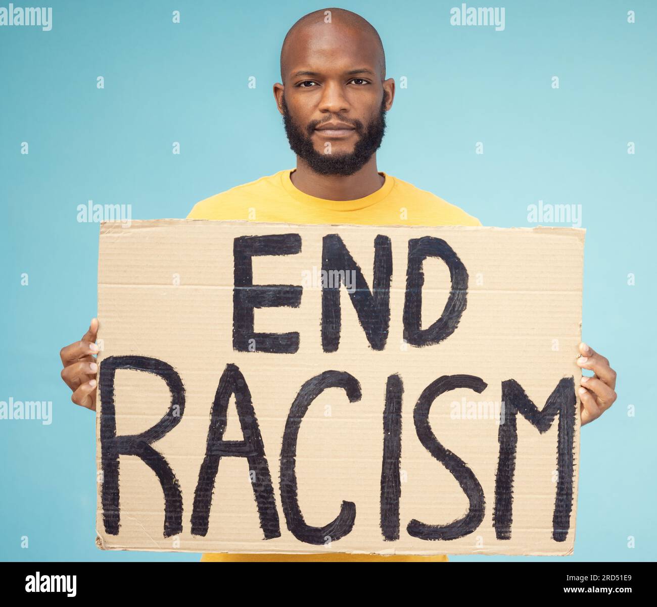 End racism poster, black man and protest isolated on blue background ...