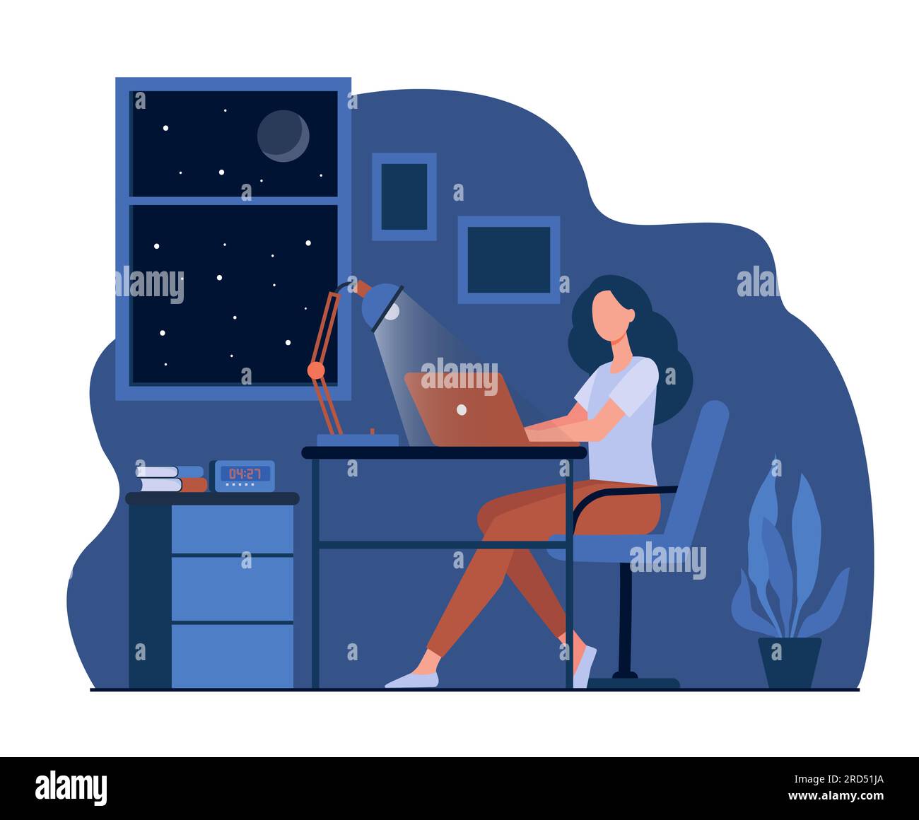 Female designer working late in room flat vector illustration Stock ...