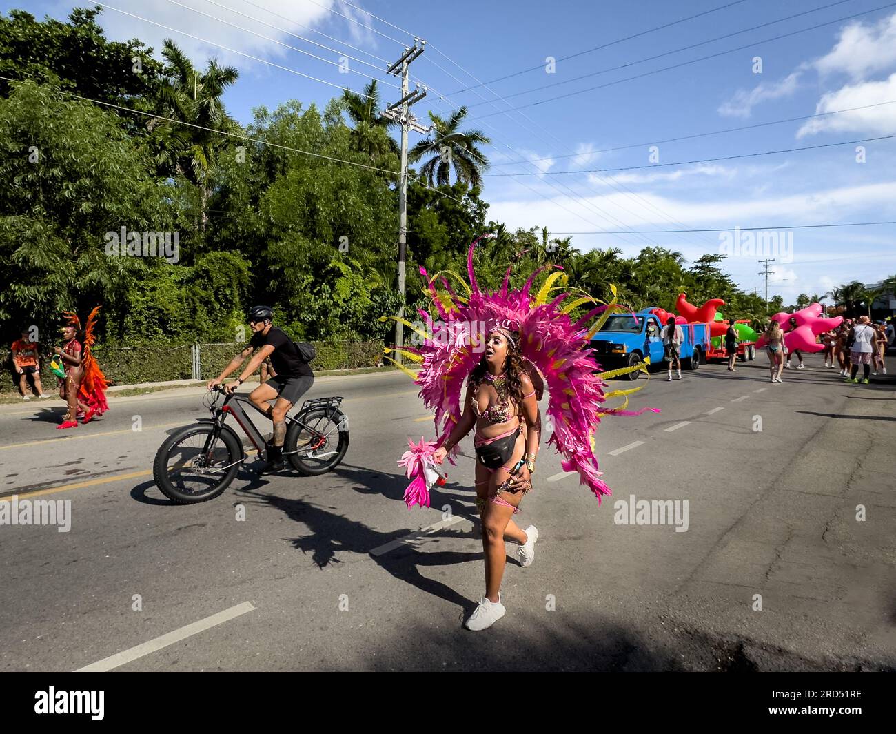 Grand Cayman, Cayman Islands, July 1st, 2023, carnival goers parading ...
