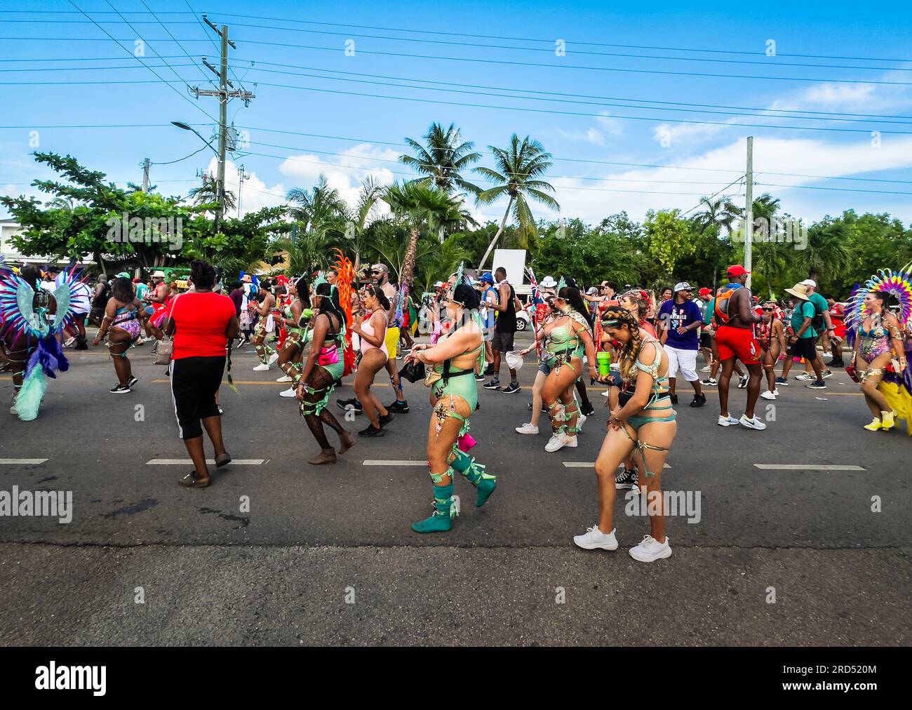 Grand Cayman, Cayman Islands, July 1st, 2023, carnival goers parading ...