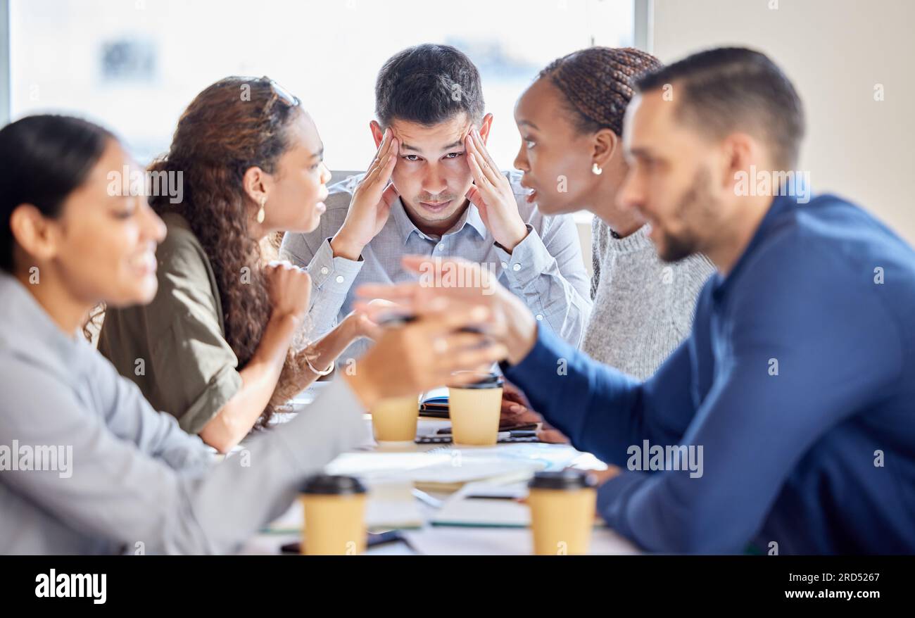 Group, headache and business man with stress, meeting and conversation ...
