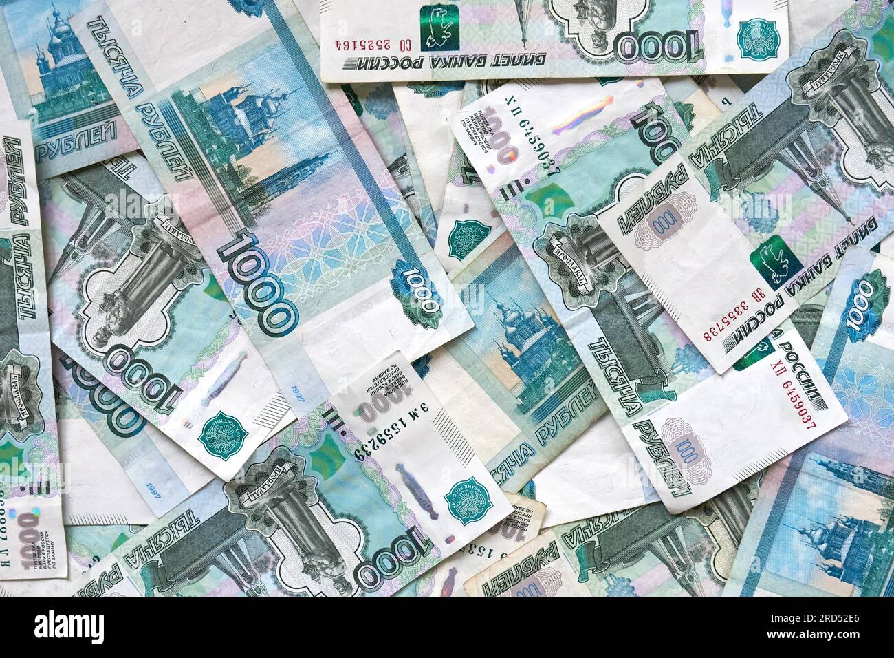1000 russian rubles bills lies in big pile. Rich life conceptual ...
