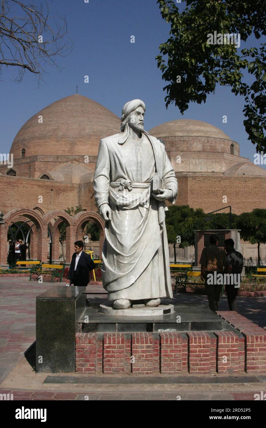 The statue of the poet Khaqani in front of the blue mosque in Tabriz ...
