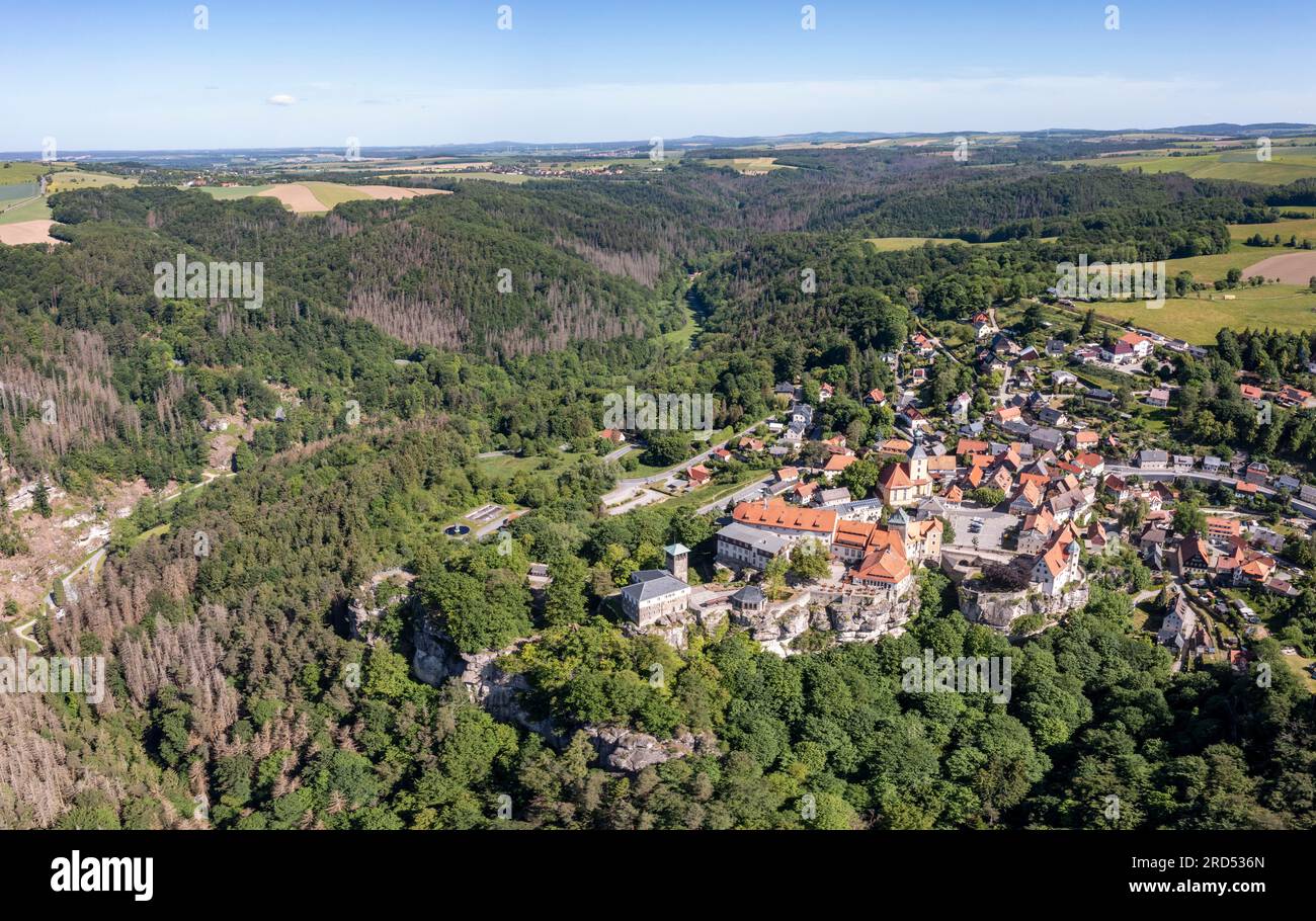 Drone photo, shot from above, Saxon Switzerland National Park, medieval ...