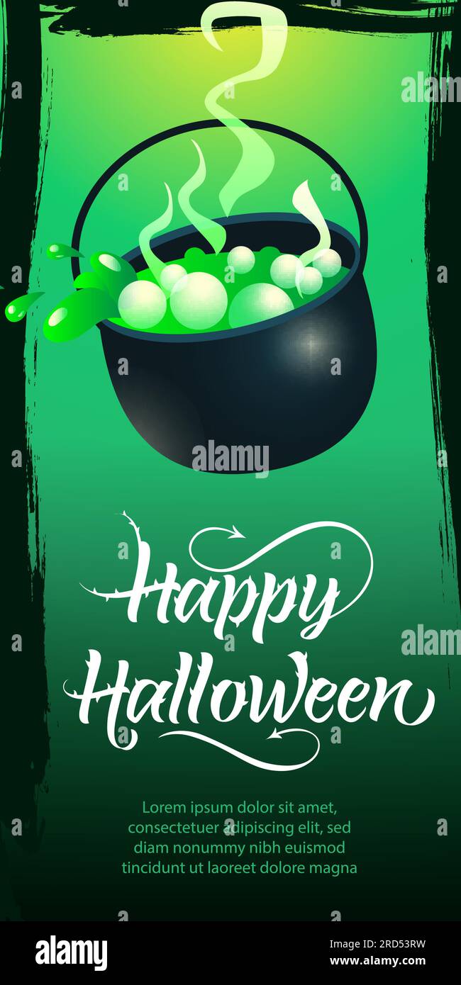 Happy Halloween lettering. Cauldron with boiling potion Stock Vector ...