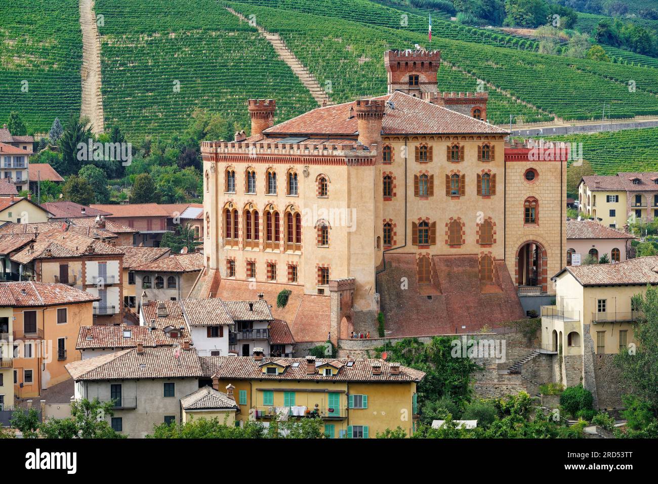 The town of Barolo with its castle, Castello di Barolo, seat of the ...