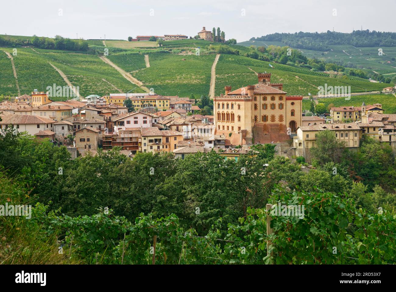 The town of Barolo with its castle, Castello di Barolo, seat of the ...