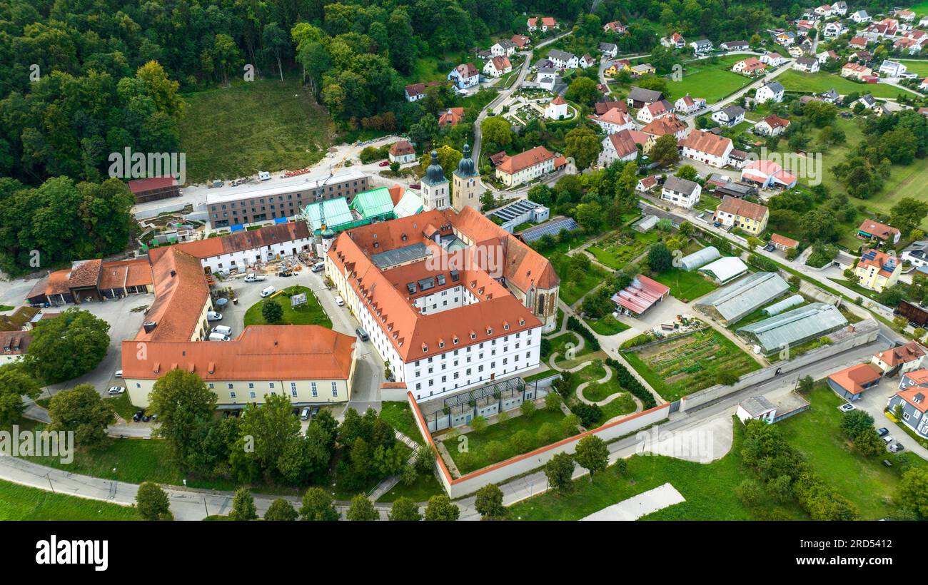 Aerial view Plankstetten with Benedictine Abbey, Plankstetten, Berching ...