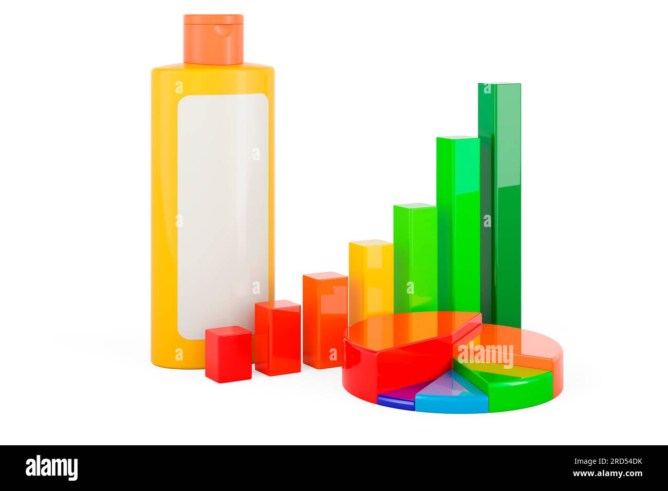 Orange plastic cosmetic bottle with growth bar graph and pie chart. 3D ...