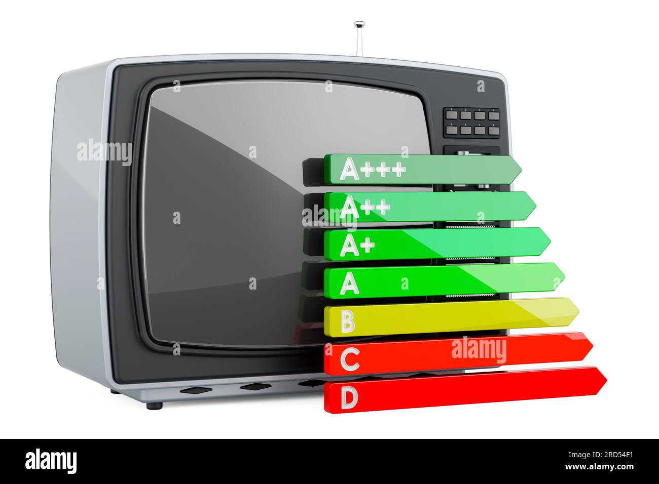 Retro TV set with energy efficiency chart. 3D rendering isolated on ...