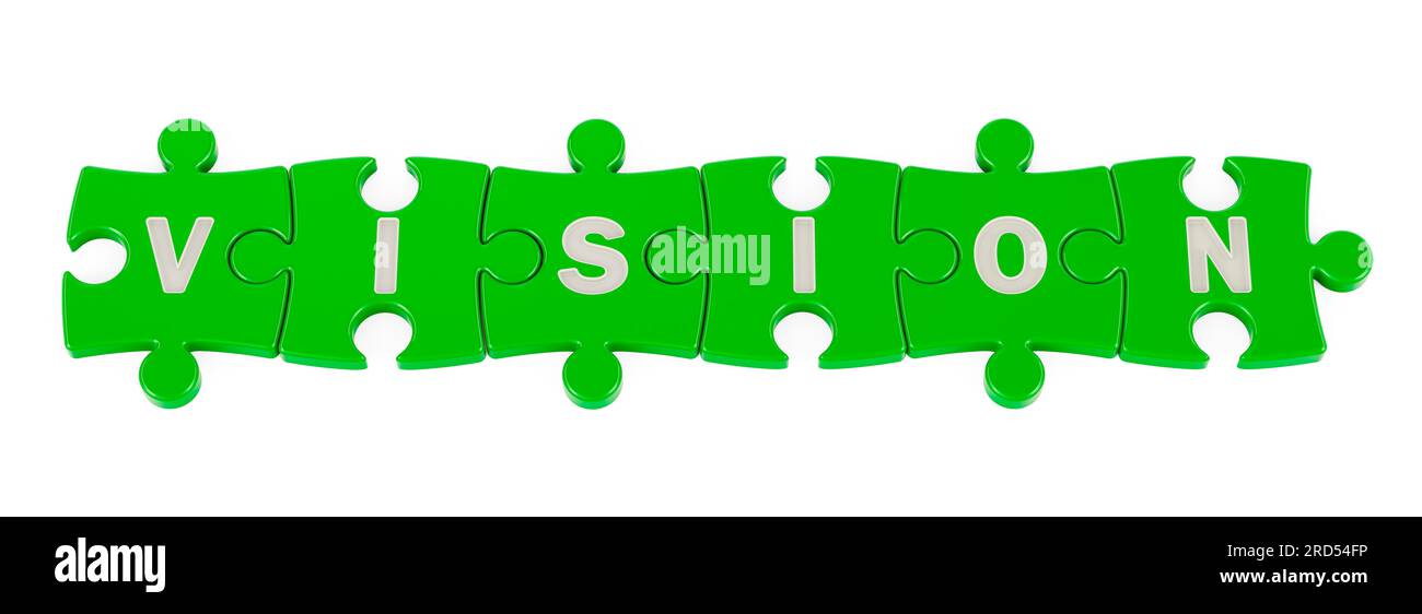 Vision word from green puzzles, 3D rendering isolated on white ...