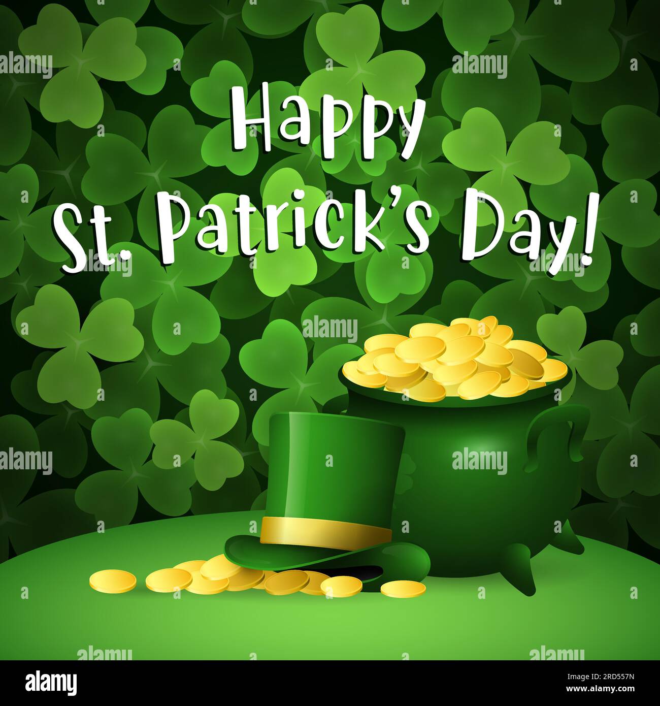 Happy St Patricks Day lettering with pot of gold and topper hat Stock ...