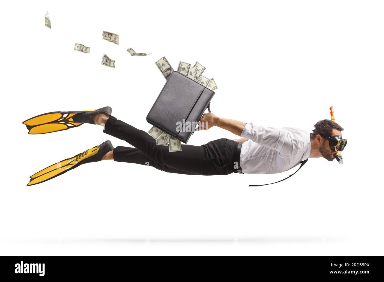 Businessman with a briefcase full of money diving with a snorkel mask ...
