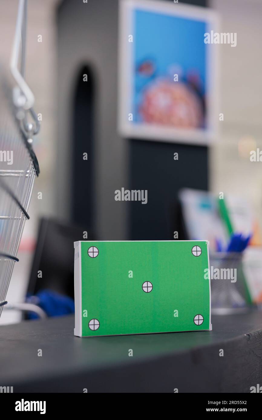 Green screen mock up chroma key vitamins packages standing on counter ...