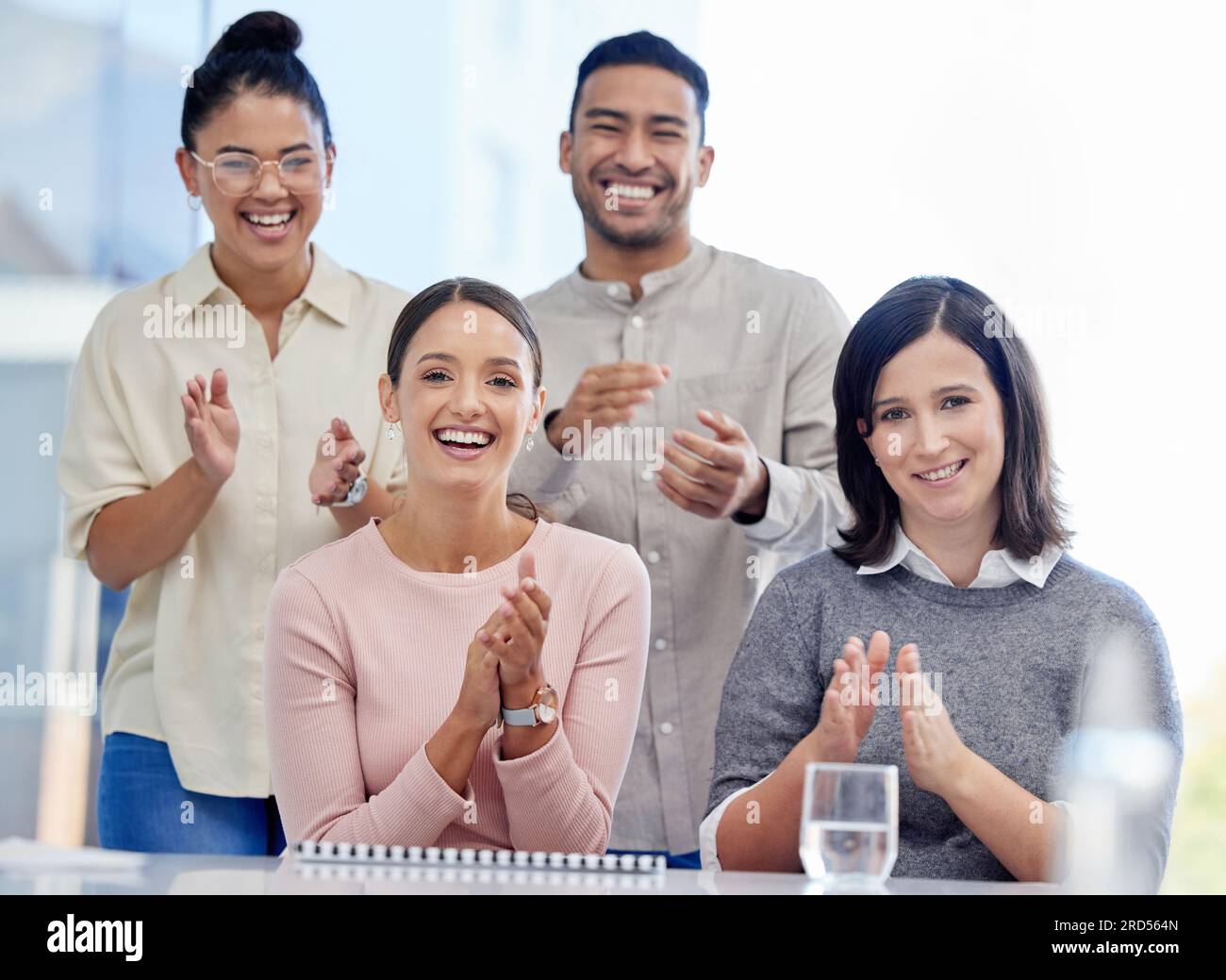 Clapping, group portrait and business people for success, winning and ...