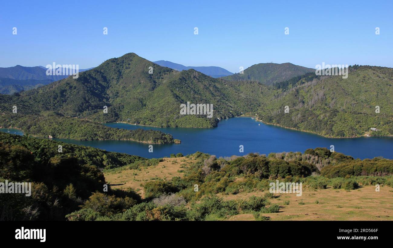 Onahau and Mistletoe bay, bays in the Marlborough Sounds. Scene on the ...