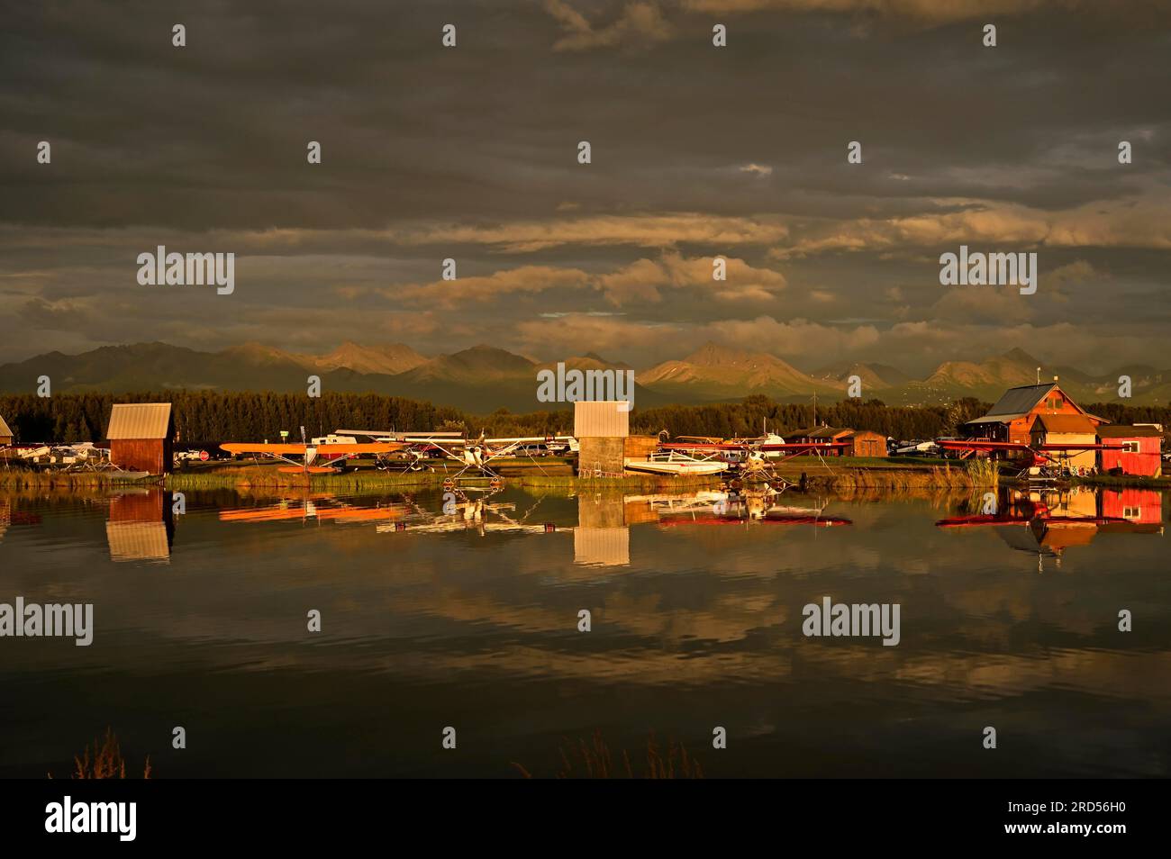Seaplane airport overlooking Chugach mountain range, Lake Hood ...