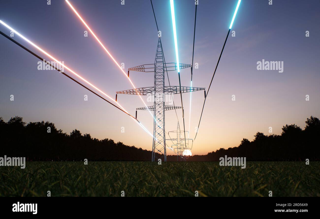 Energy stream flowing through steel tower high voltage power lines over ...
