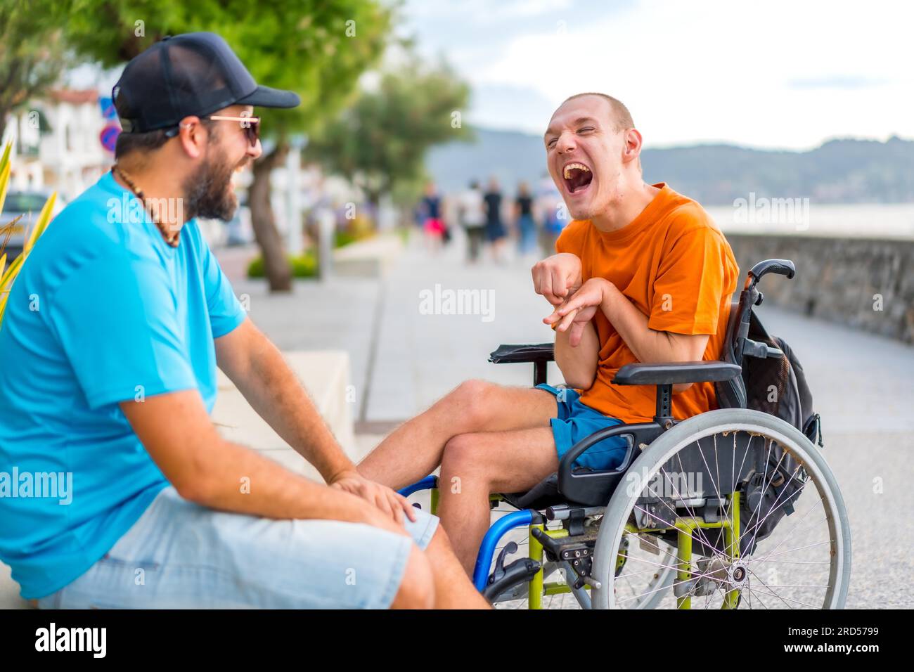 A disabled person in a wheelchair with a friend on summer vacation ...