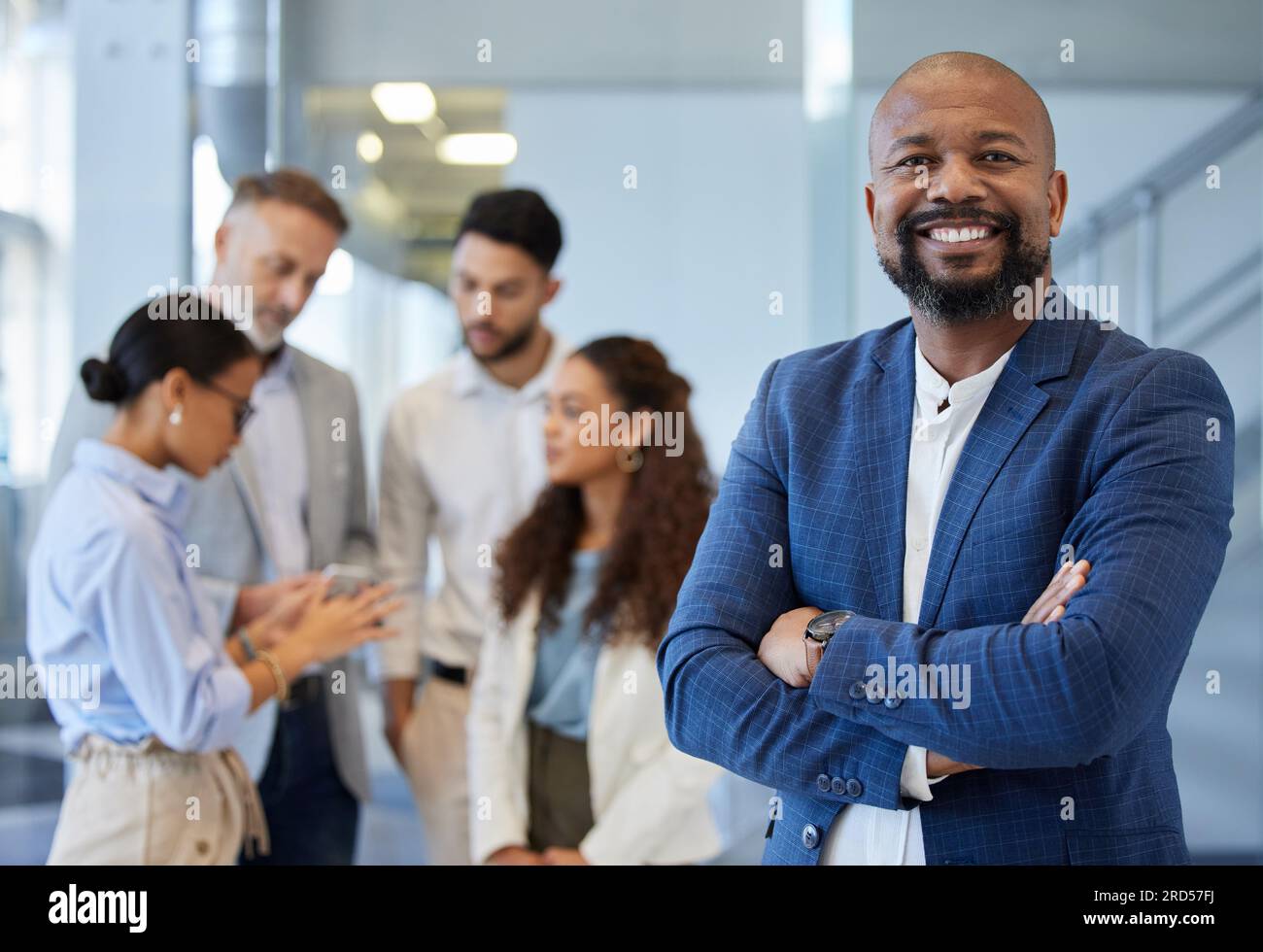 Black business man, portrait and office team with teamwork feeling ...