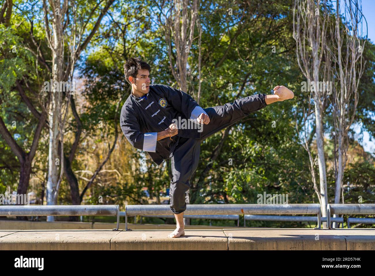 Martial arts fighter practicing kicks in a public park Stock Photo - Alamy
