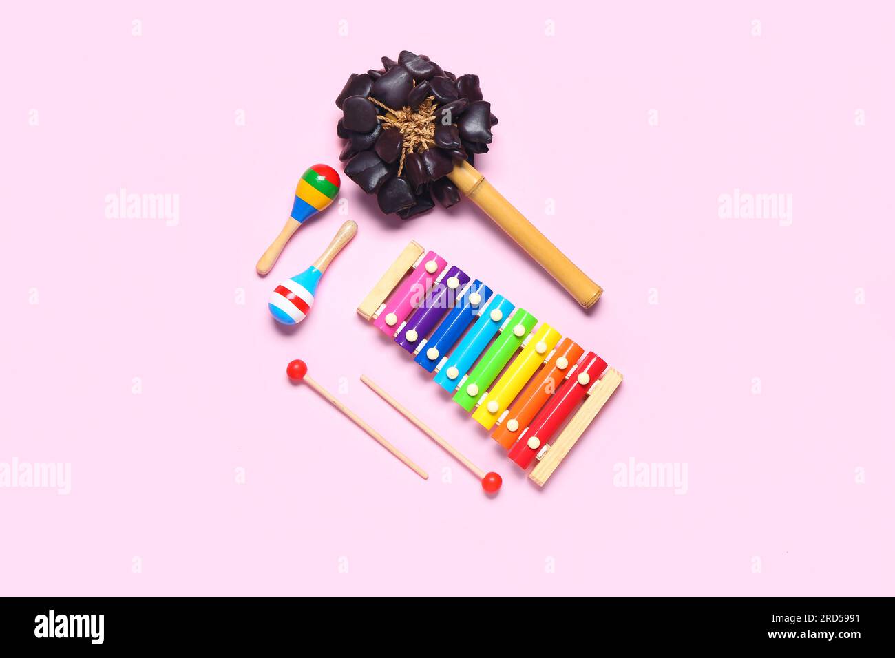 Different musical instruments on color background Stock Photo - Alamy