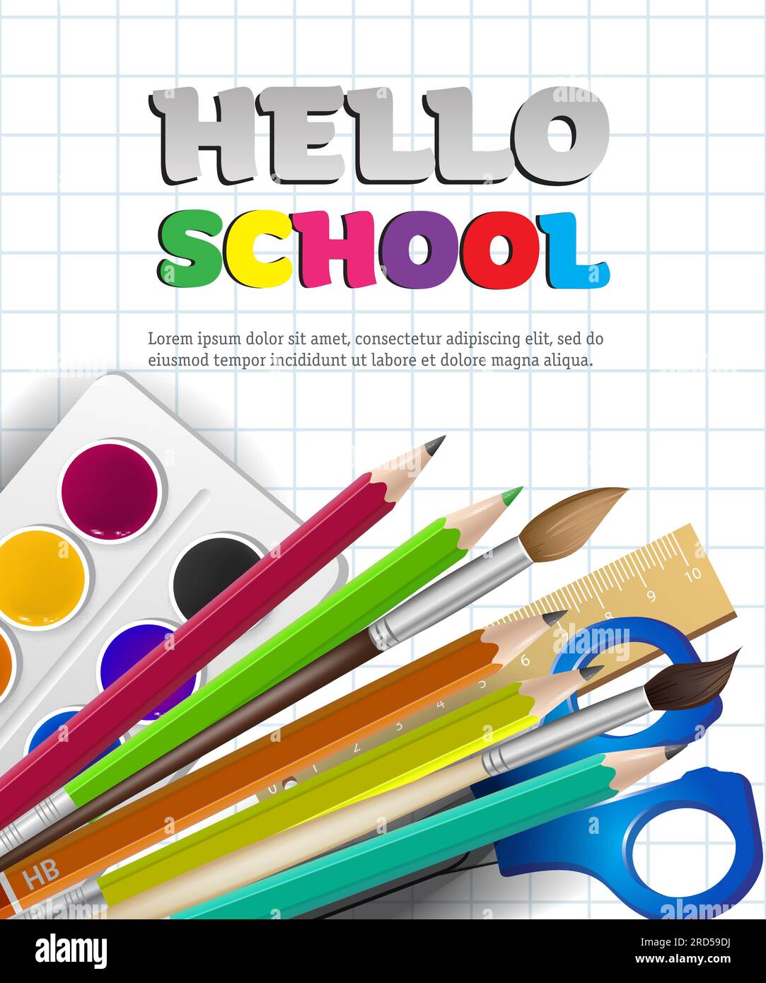 Hello school lettering and supplies on squared paper Stock Vector Image ...
