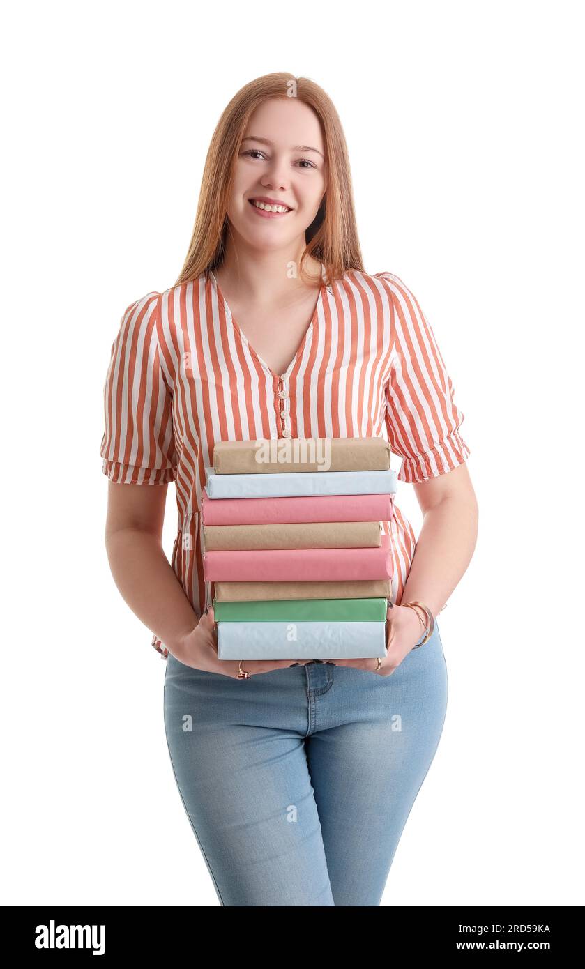 Teenage girl with stack of books on white background Stock Photo - Alamy