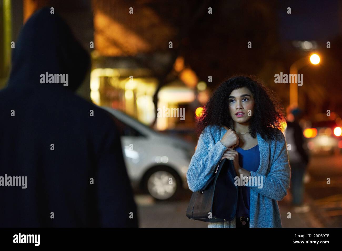 Danger, woman fear and criminal in the city at night with thief and ...