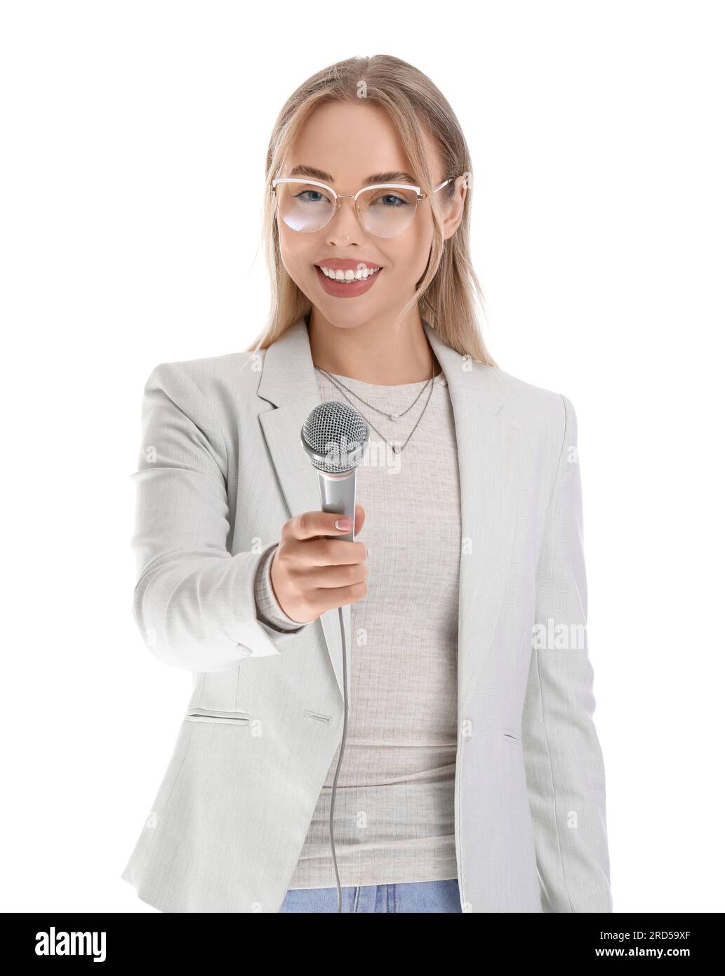 Female journalist with microphone on white background Stock Photo - Alamy