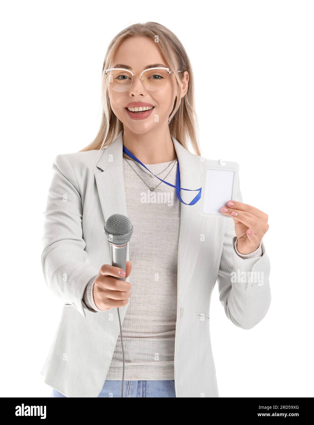 Female journalist with microphone and badge on white background Stock ...