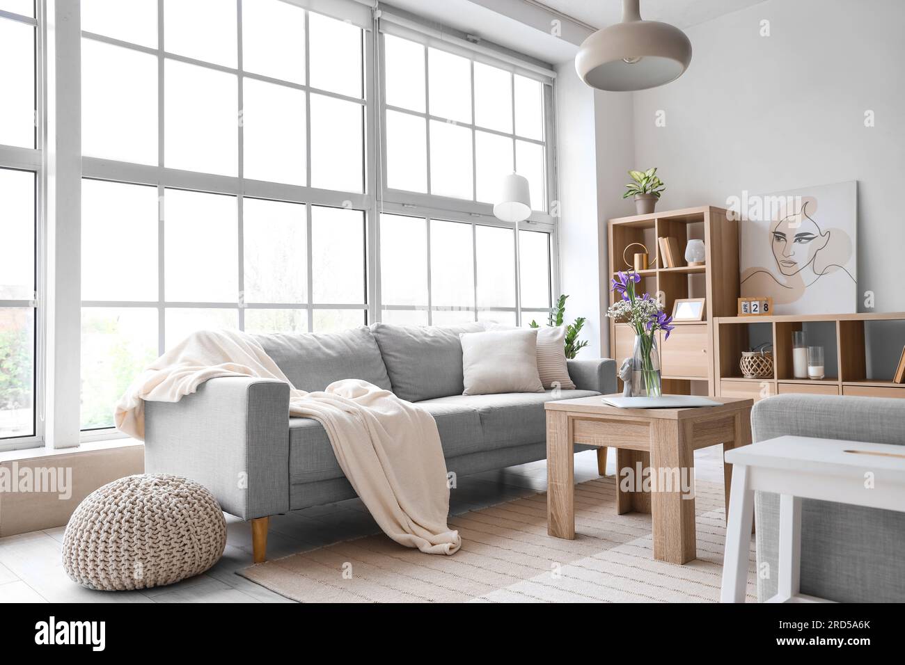 Interior of light living room with grey sofa and big window Stock Photo ...