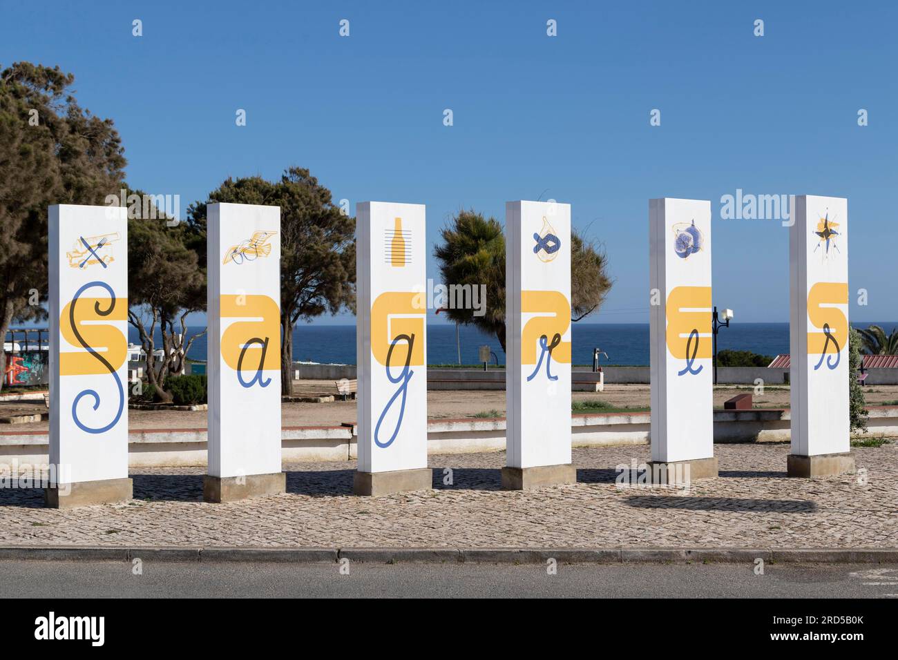Sagres lettering against a blue sky on the promenade in Sagres, Faro ...