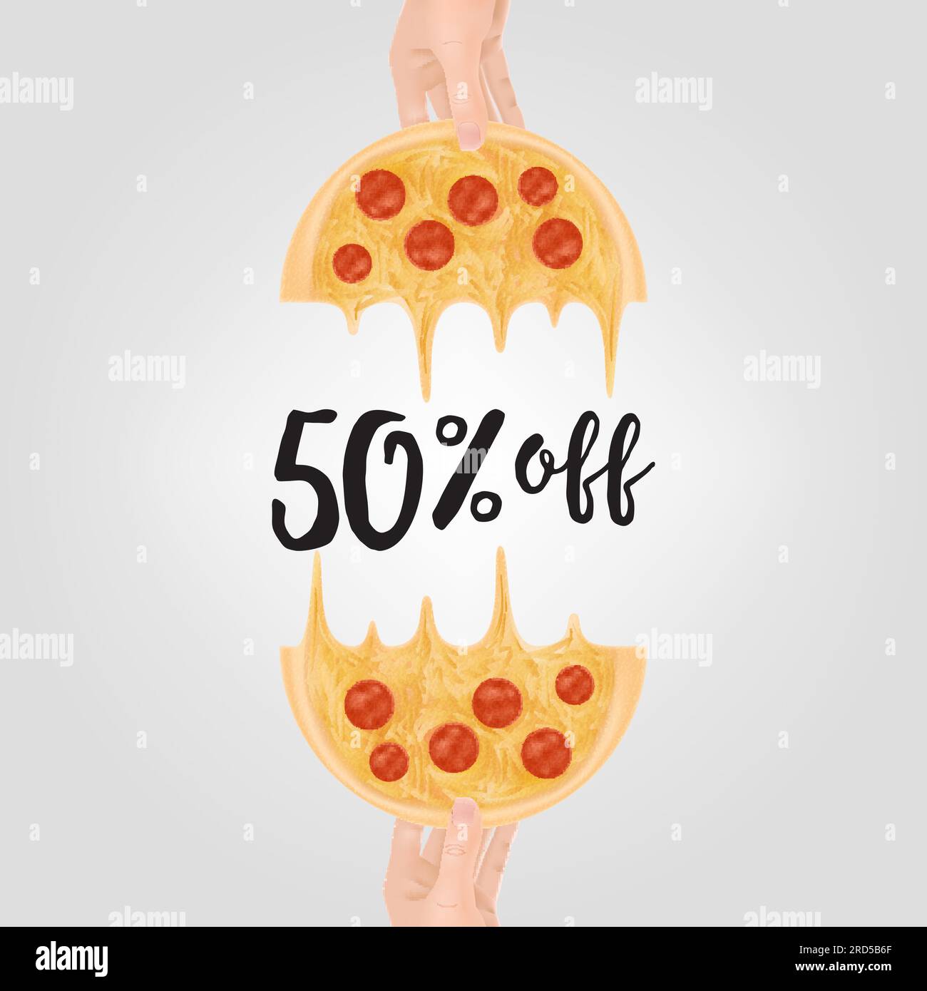 Fifty percent off lettering between pizza halves Stock Vector Image ...