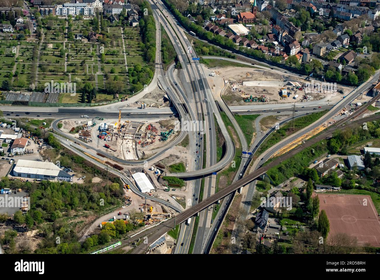 Aerial view of the Herne motorway interchange with construction site ...