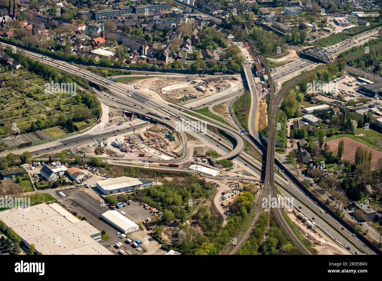 Aerial view of the Herne motorway interchange with construction site ...