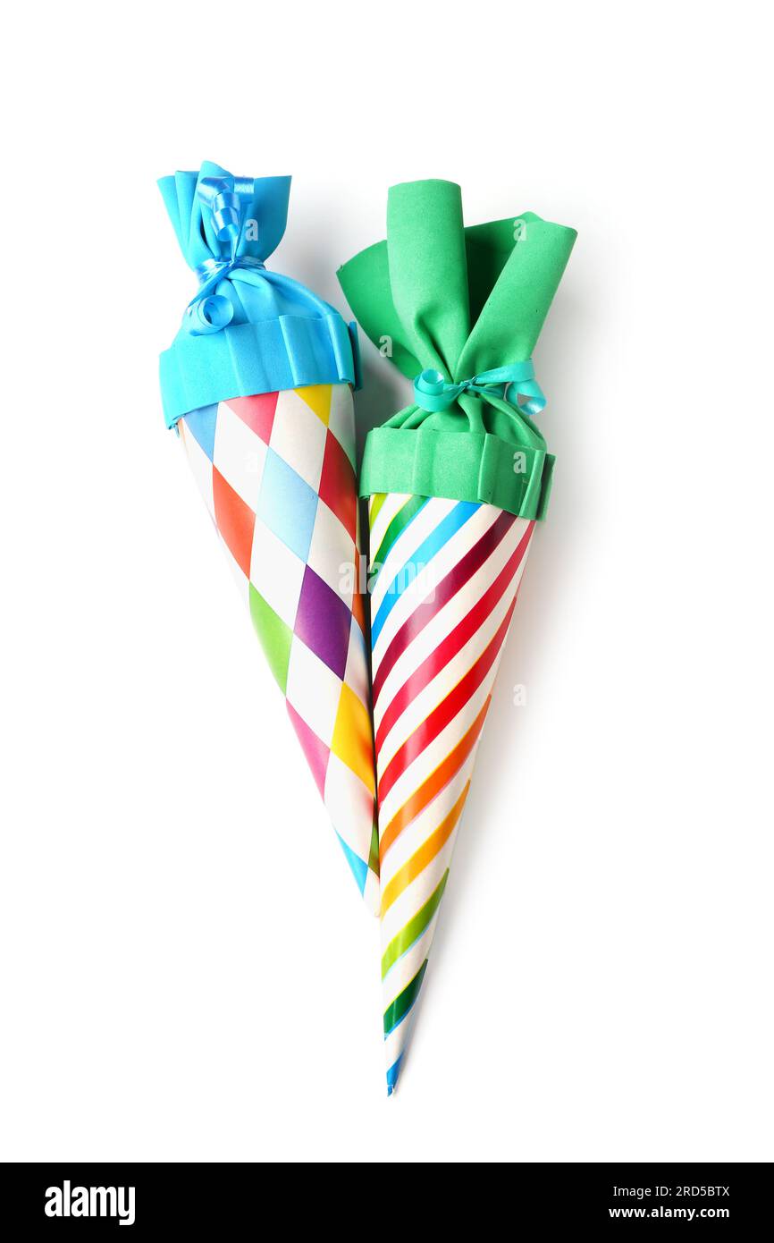 Colorful school cones on white background Stock Photo - Alamy