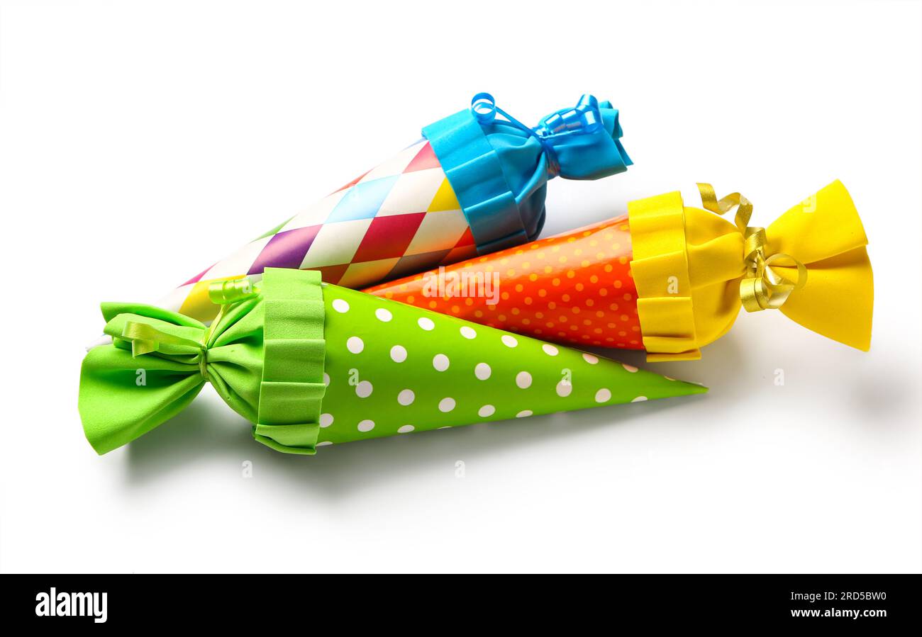 Colorful school cones on white background Stock Photo - Alamy
