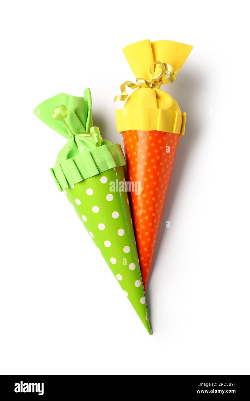 Colorful school cones on white background Stock Photo - Alamy