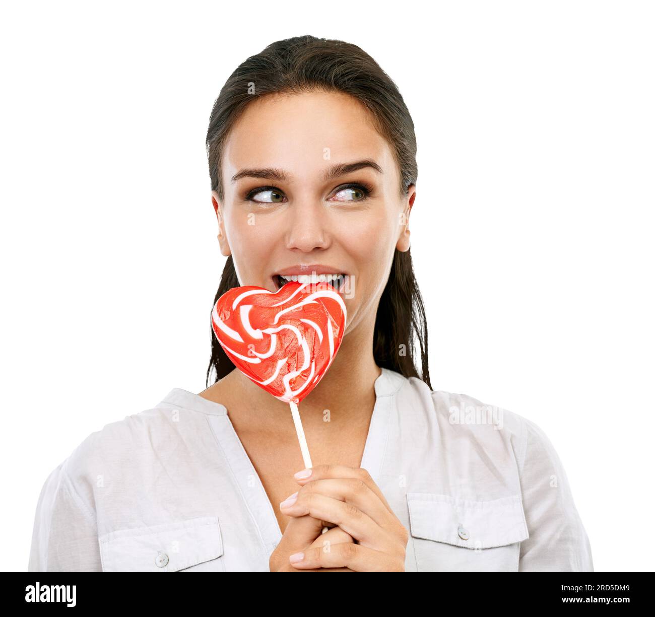 Happy, candy and woman with a lollipop for a sweets craving, dessert or ...