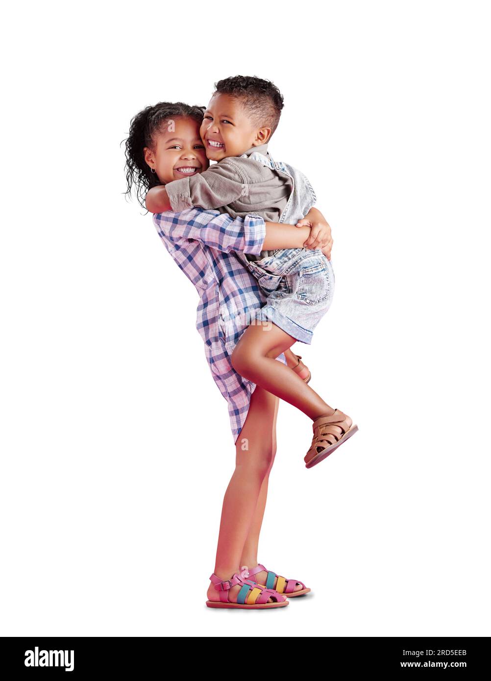 Love, smile and sister with brother, hug and portrait isolated against ...